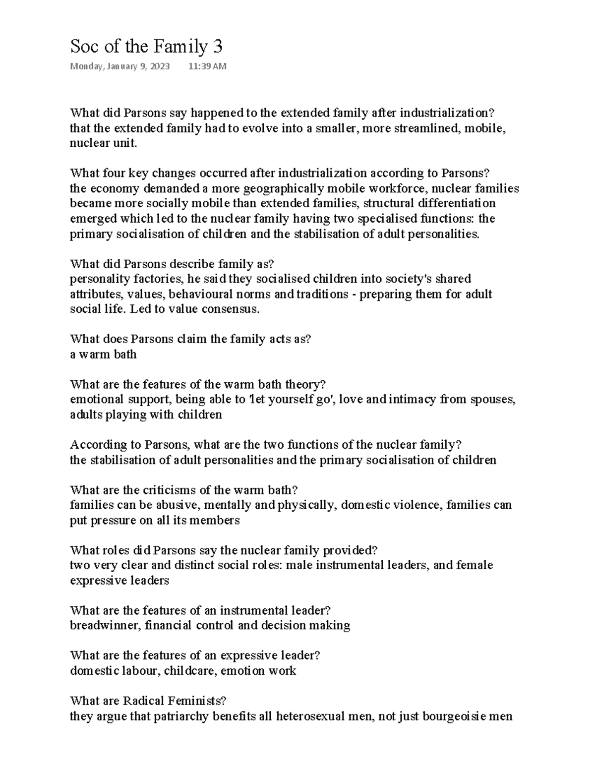 Sociology of the Family lecture 3 - What did Parsons say happened to ...