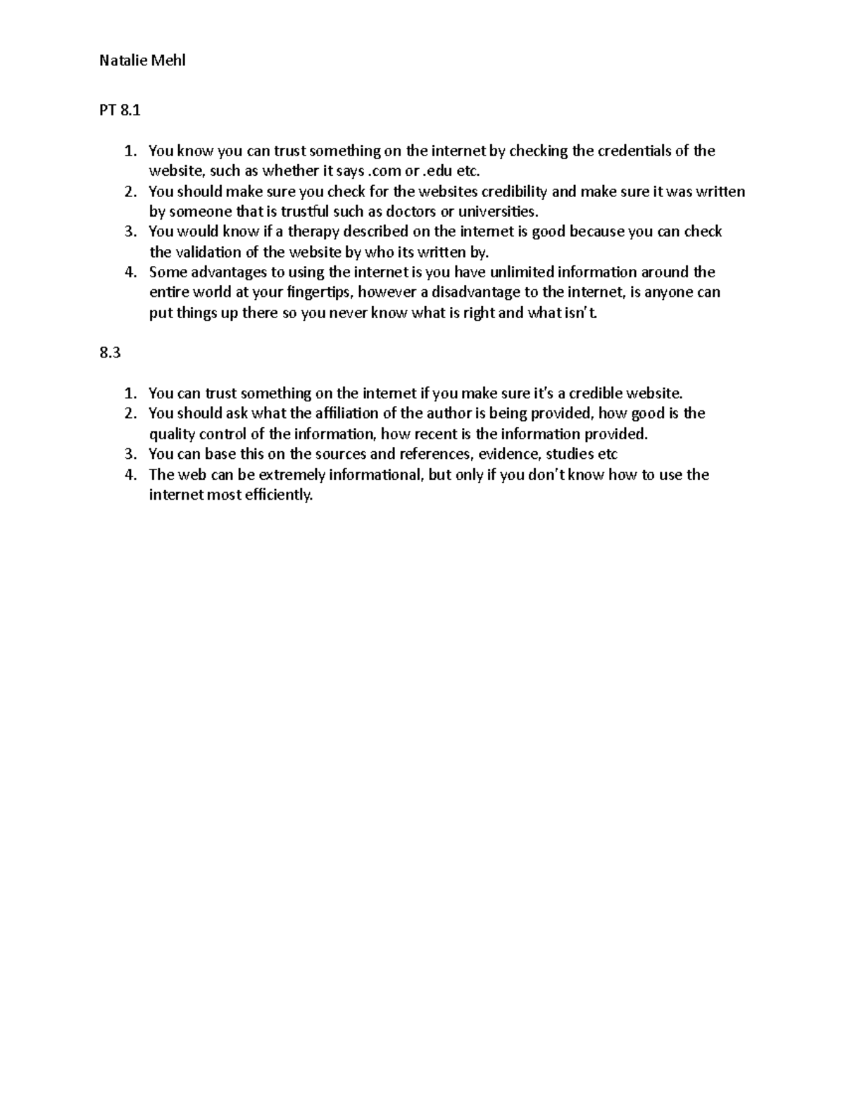 PT 8 - chapter 8 book questions - Natalie Mehl PT 8. You know you can ...