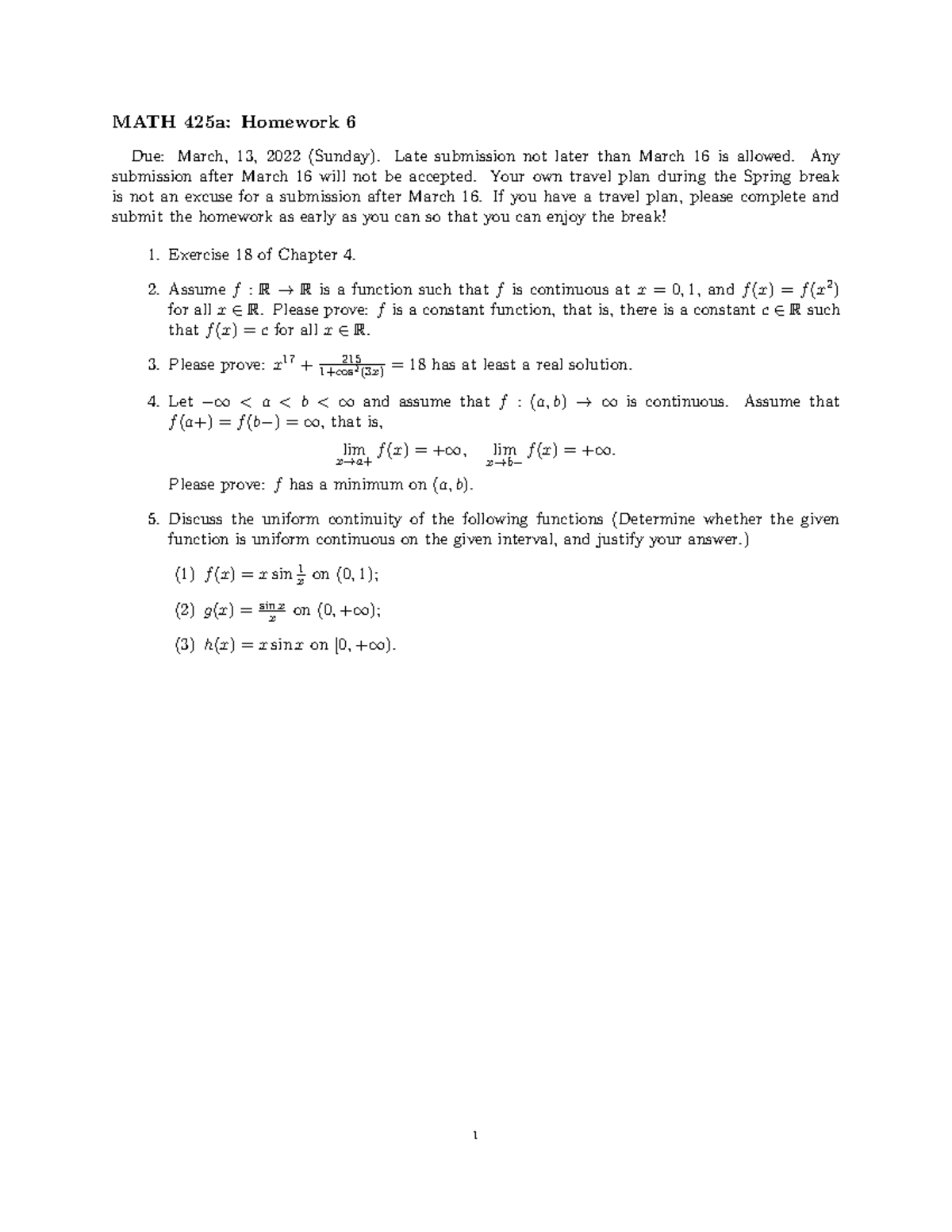 Math 425 a (31) - hw 5 - MATH 425a: Homework 6 Due: March, 13, 2022 ...