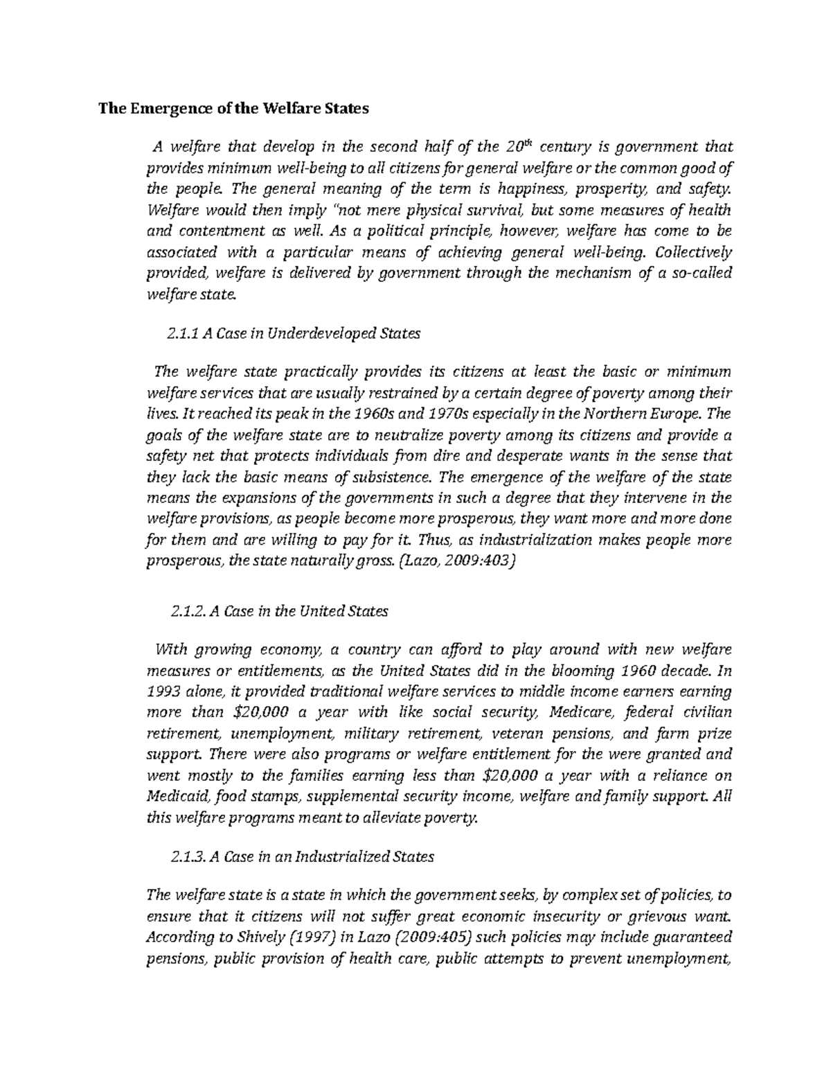 The Emergence of the Welfare States - The general meaning of the term ...