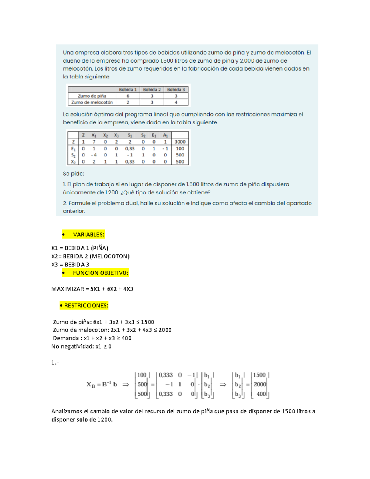 Ejercicio 1 - • VARIABLES: X1 = BEBIDA 1 (PIÑA) X2= BEBIDA 2 (MELOCOTON) X3 = BEBIDA 3 • FUNCION ...