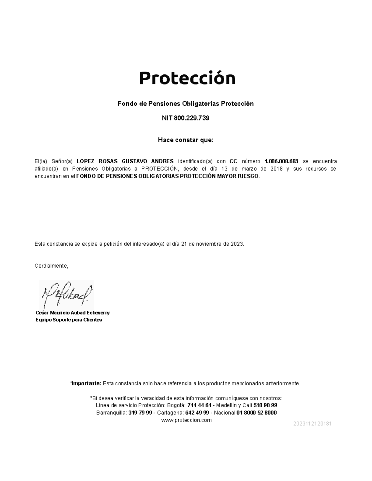 Certificado Protecci Ã³n - Hace constar que: El(la) Señor(a) LOPEZ ...