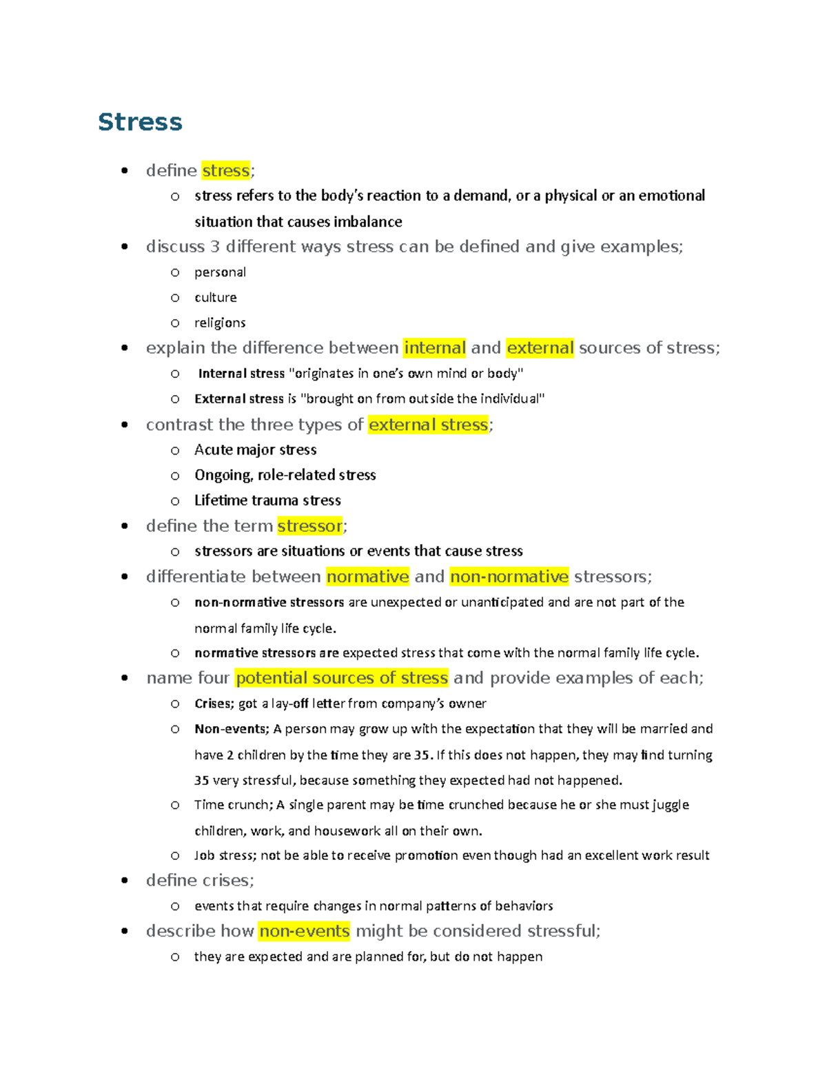 Unit 9 Objective Answer - Stress define stress; o stress refers to the ...