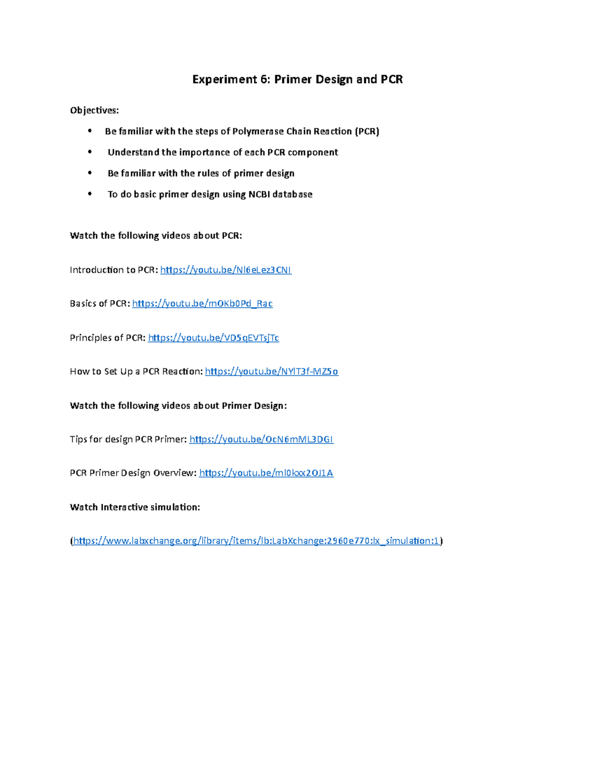 Cmbexp 6 PCR Restriction Digest Primer Design - Experiment 6: Primer ...