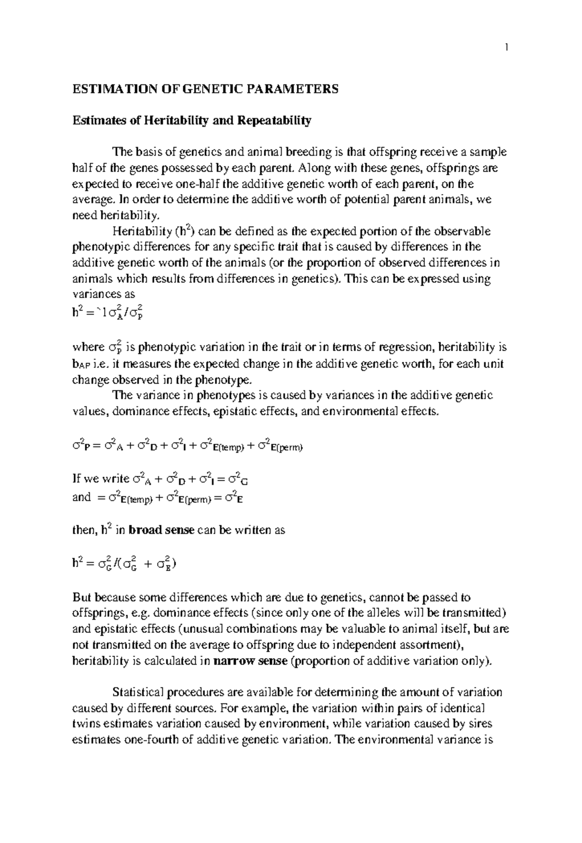 Estimation Of Genetic Parameters Estimation Of Genetic Parameters