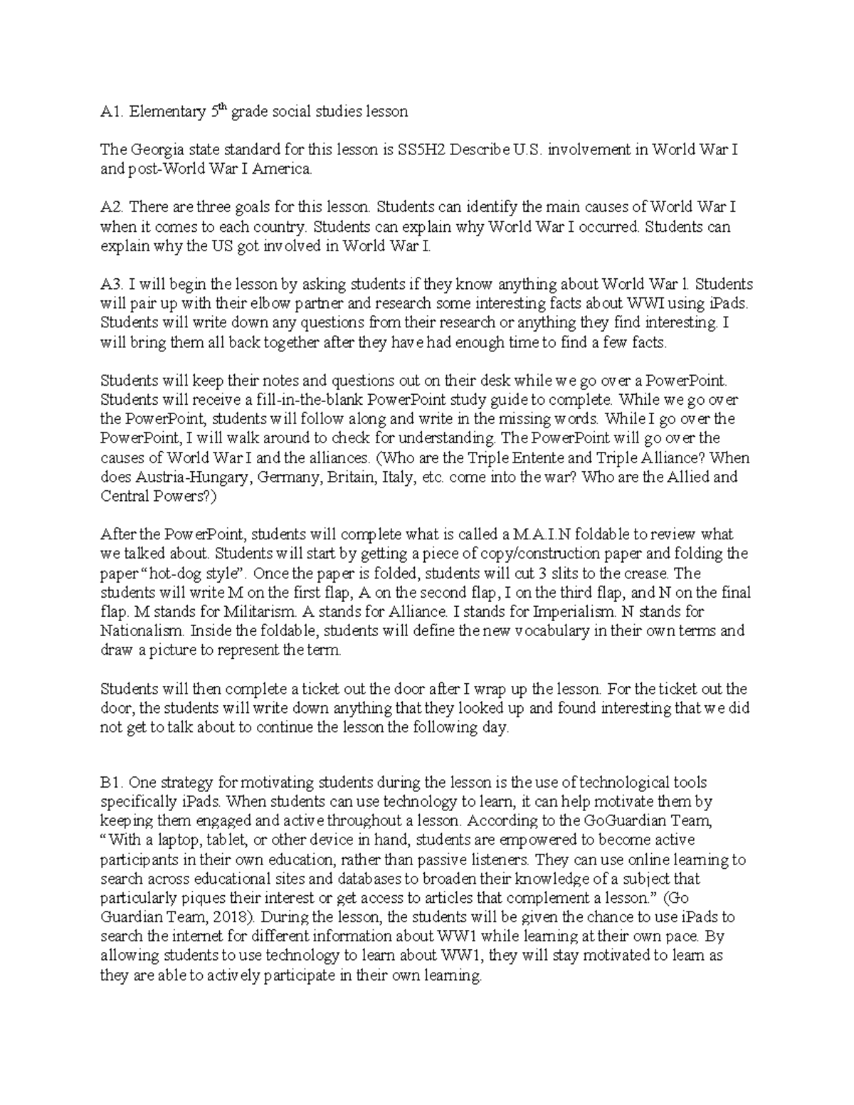 D170 Task 4 - A1. Elementary 5th grade social studies lesson The ...