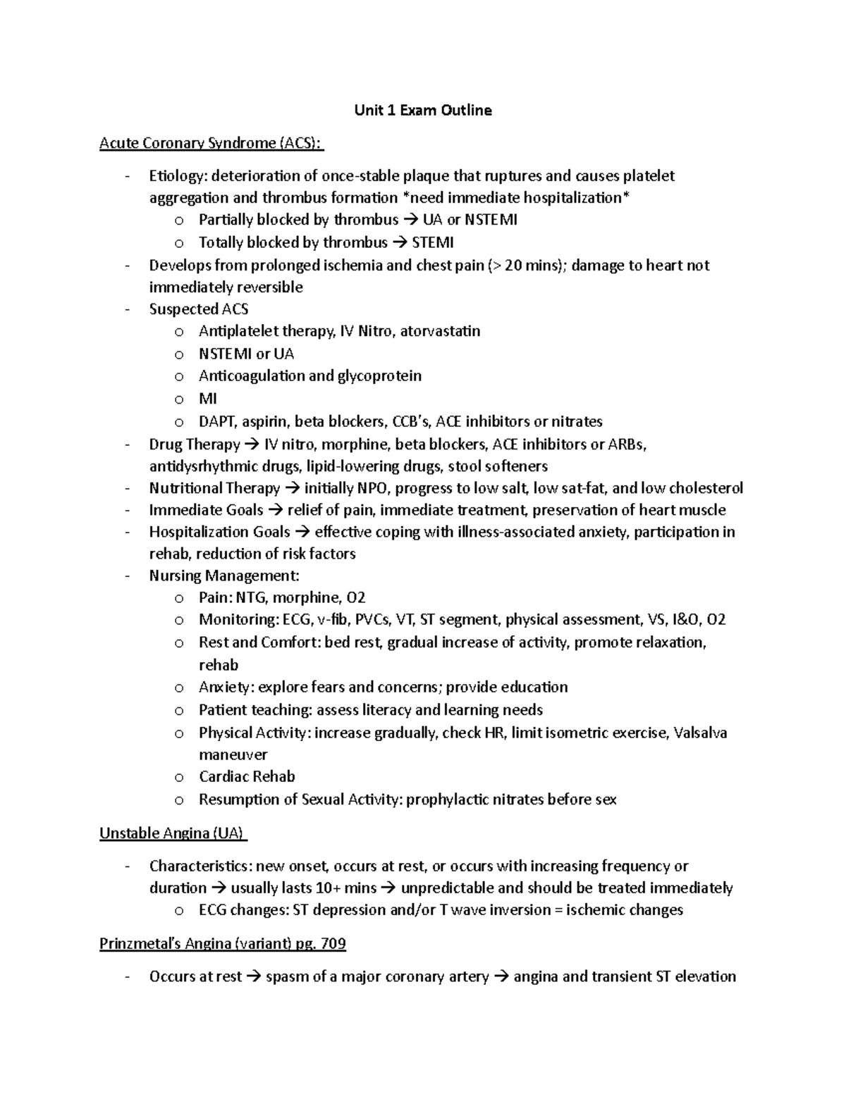 Exam 1 Outline - NOTES OVER FIRST TEST - Unit 1 Exam Outline Acute ...