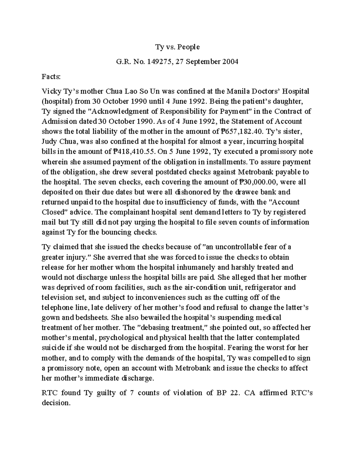 (12) Ty vs. People - Summary Juris Doctor - Ty vs. People G. No. 149275 ...