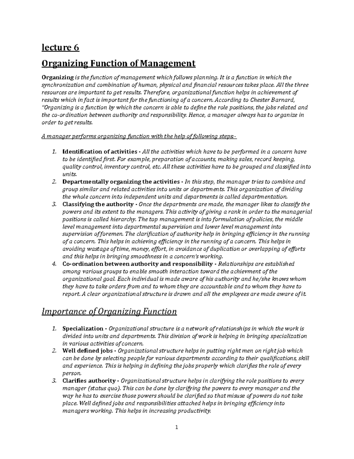 Organizing Function of Management lecture 6 - lecture 6 Organizing ...