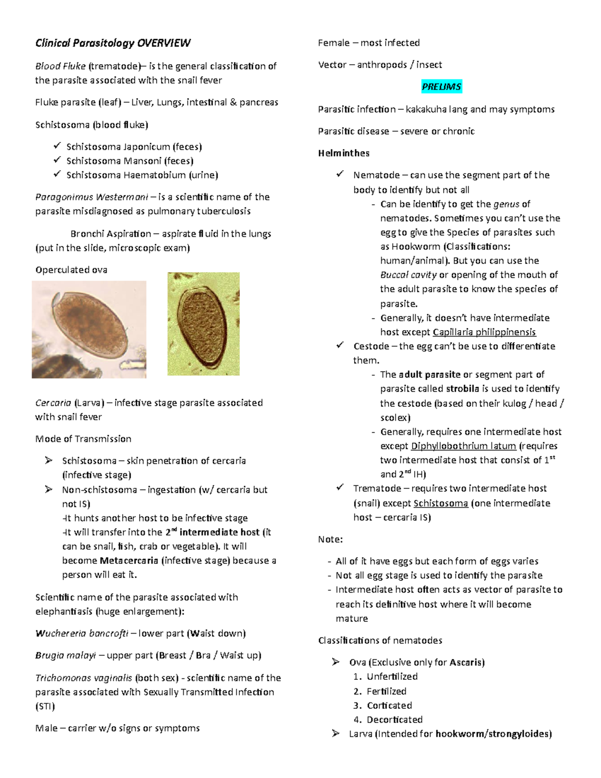 Clinical Parasitology overview reviewer 2nd year - Clinical ...