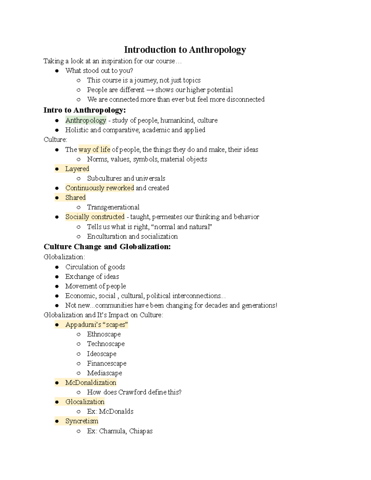 ANTH 411 Notes - Introduction to Anthropology Taking a look at an ...