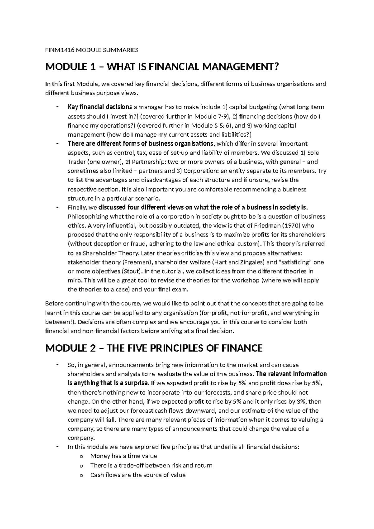 FINM1416 Module Summaries - FINM1416 MODULE SUMMARIES MODULE 1 – WHAT ...