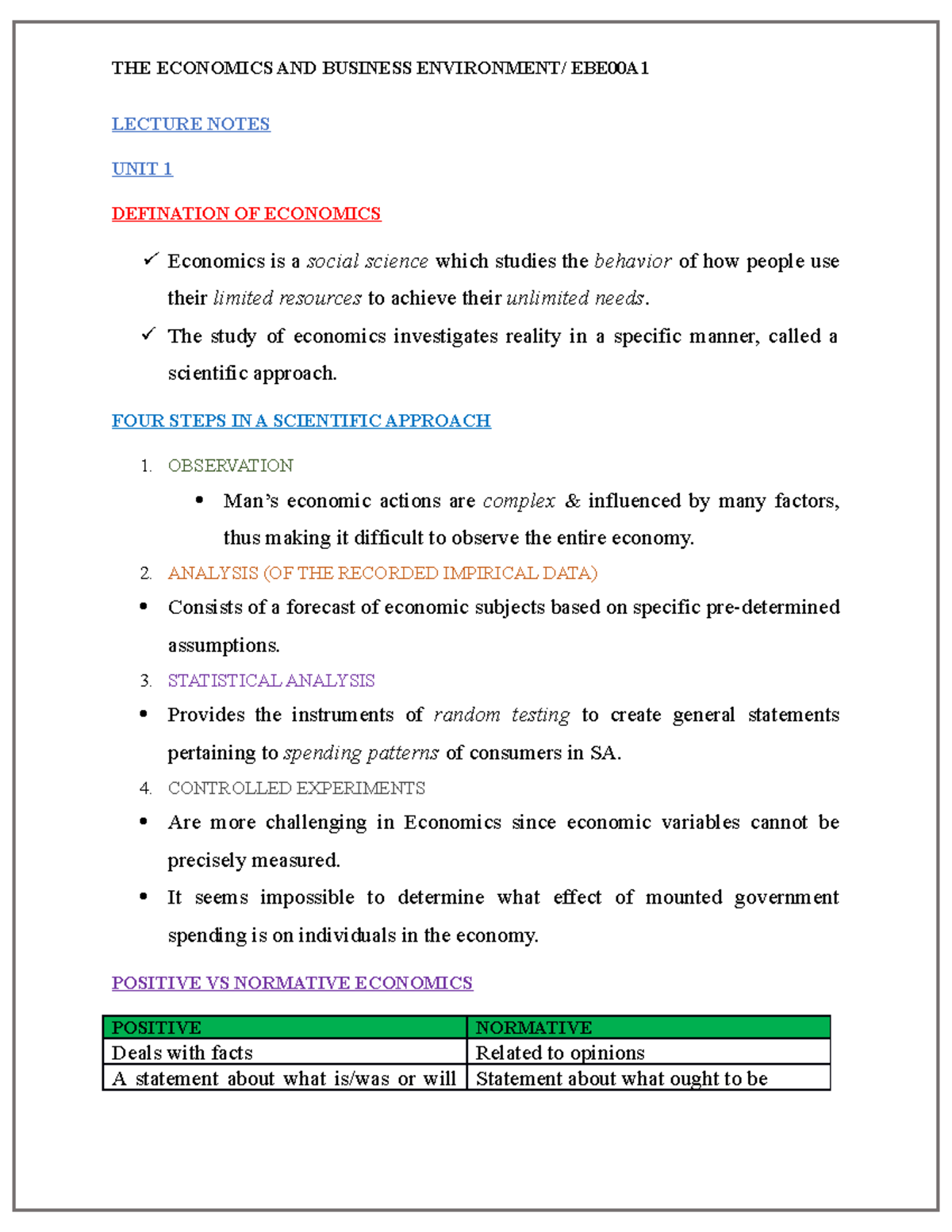 EBE00A1 Unit1 lecture notes - THE ECONOMICS AND BUSINESS ENVIRONMENT ...