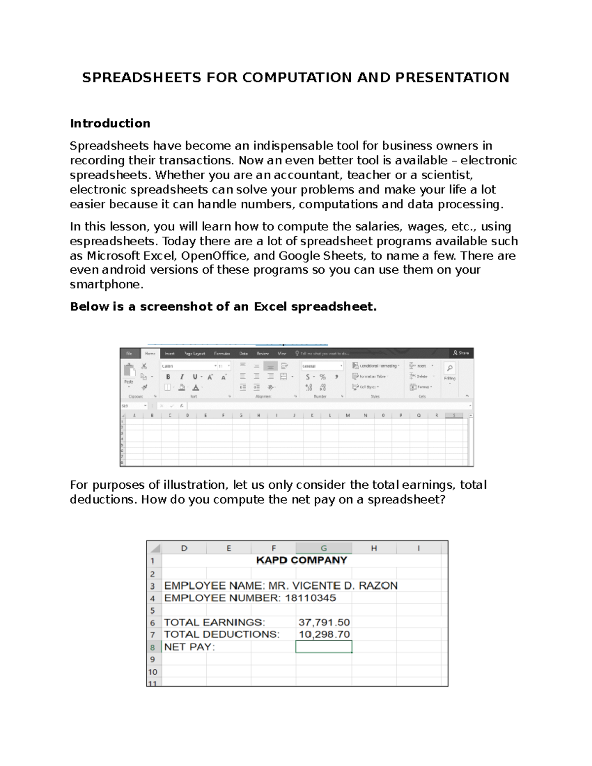 Spreadsheets FOR Computation AND Presentation - SPREADSHEETS FOR ...