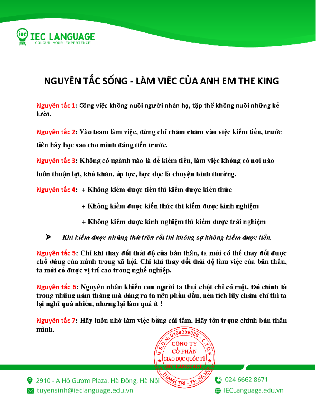 Nguyên tắc làm việc THE KING - NGUY N TẮC SỐNG - L¿M VI C CỦA ANH EM THE KING NguyÍn t¿c 1: CÙng ...