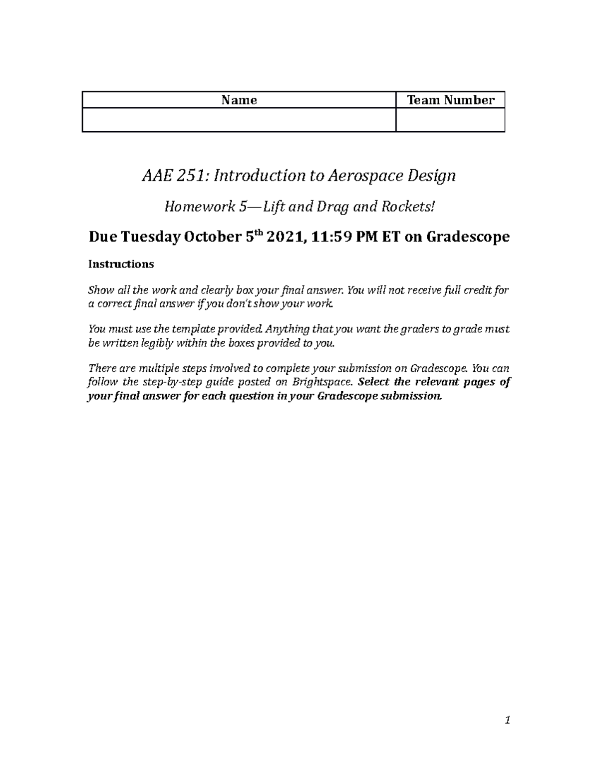 AAE251 HW5 Intro to Lift and Drag - Name Team Number AAE 251 ...