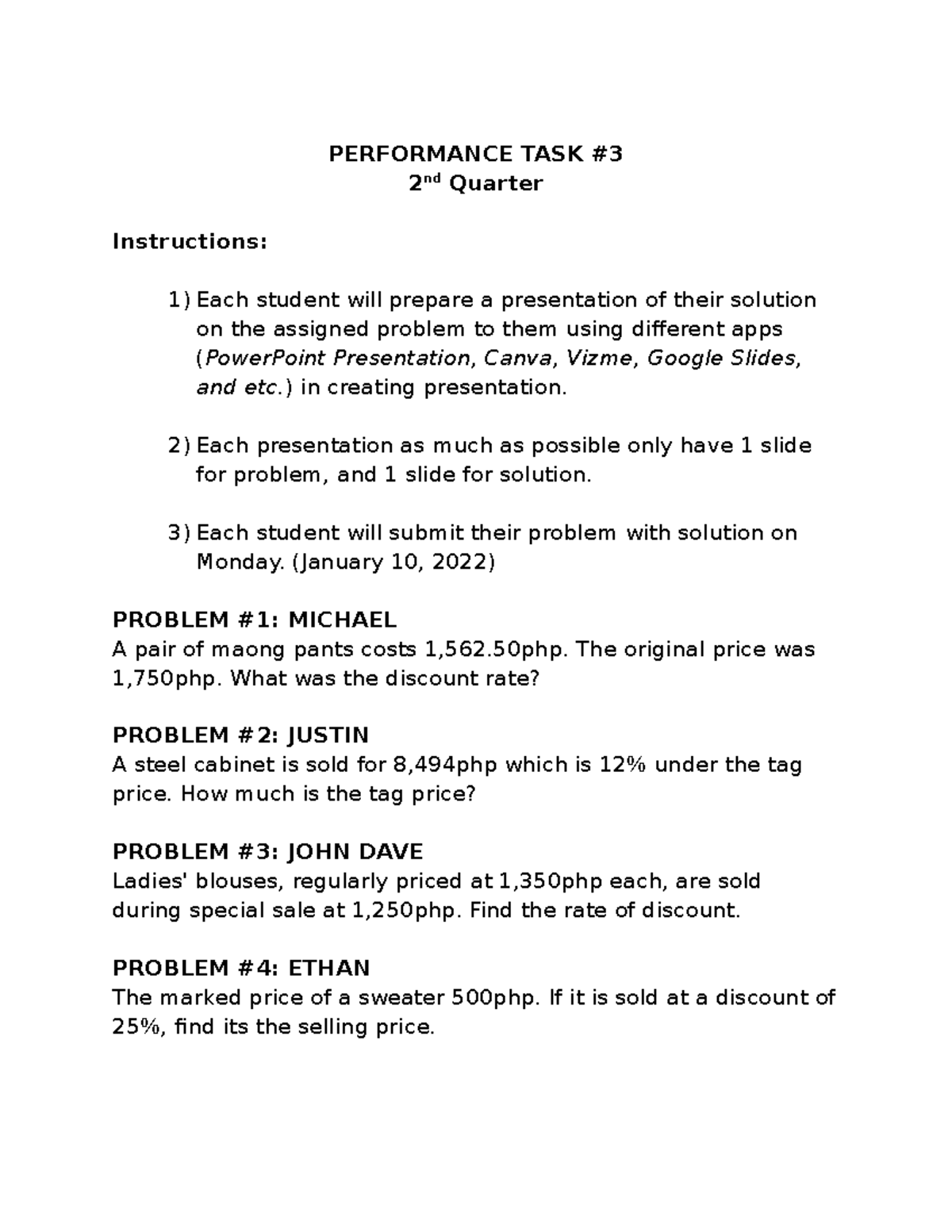 Performance TASK #3 Guide - PERFORMANCE TASK 2 nd Quarter Instructions ...