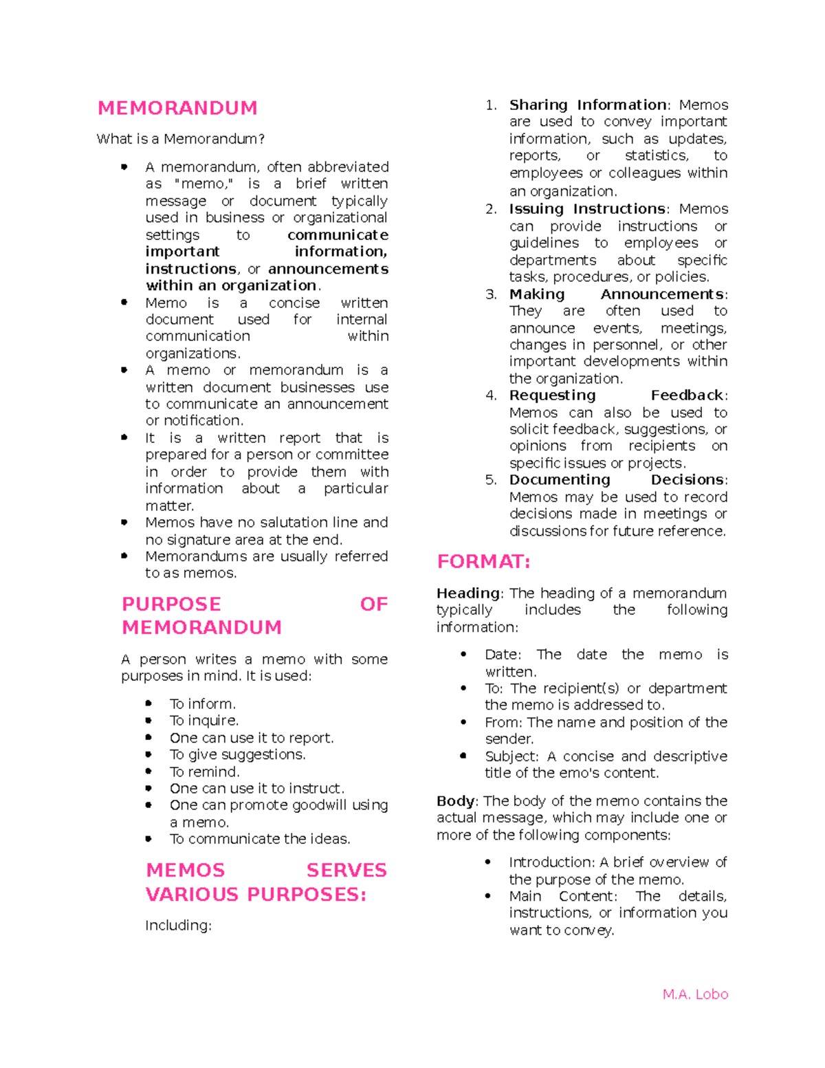 Memorandum - Finals - MEMORANDUM What is a Memorandum? A memorandum ...