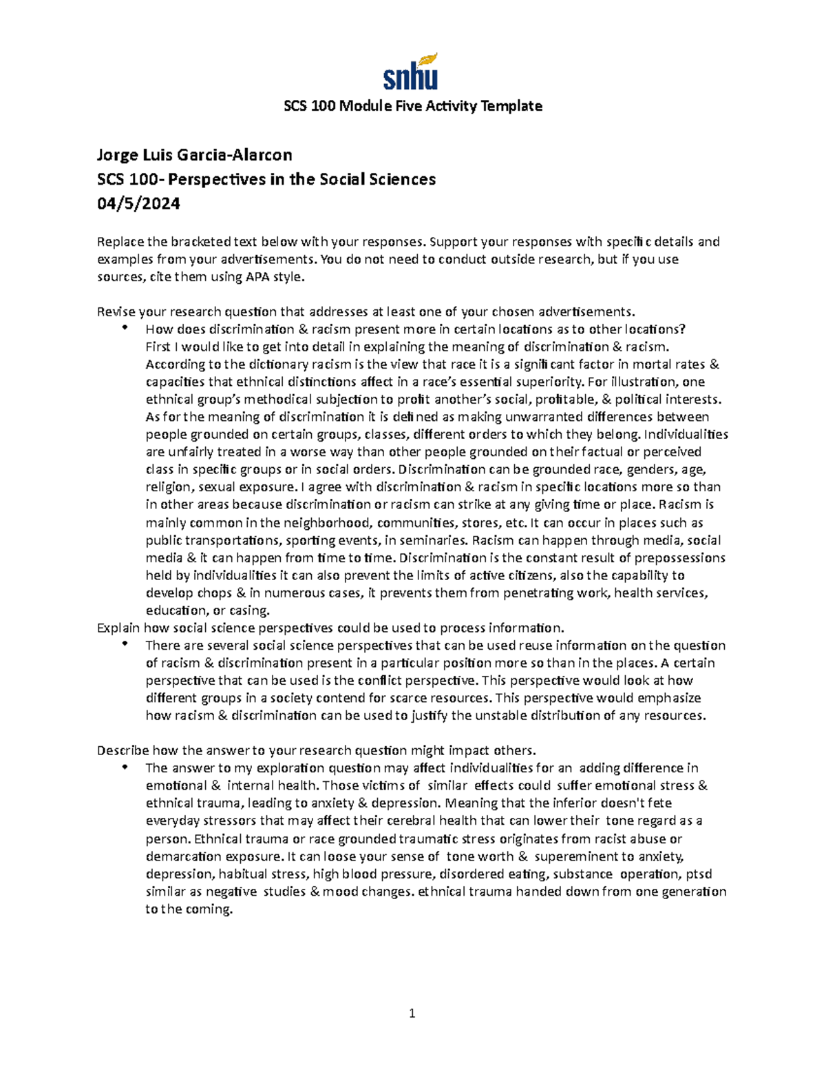 SCS 100 Module Five Activity Template - SCS 100 Module Five Ac 1 vity ...