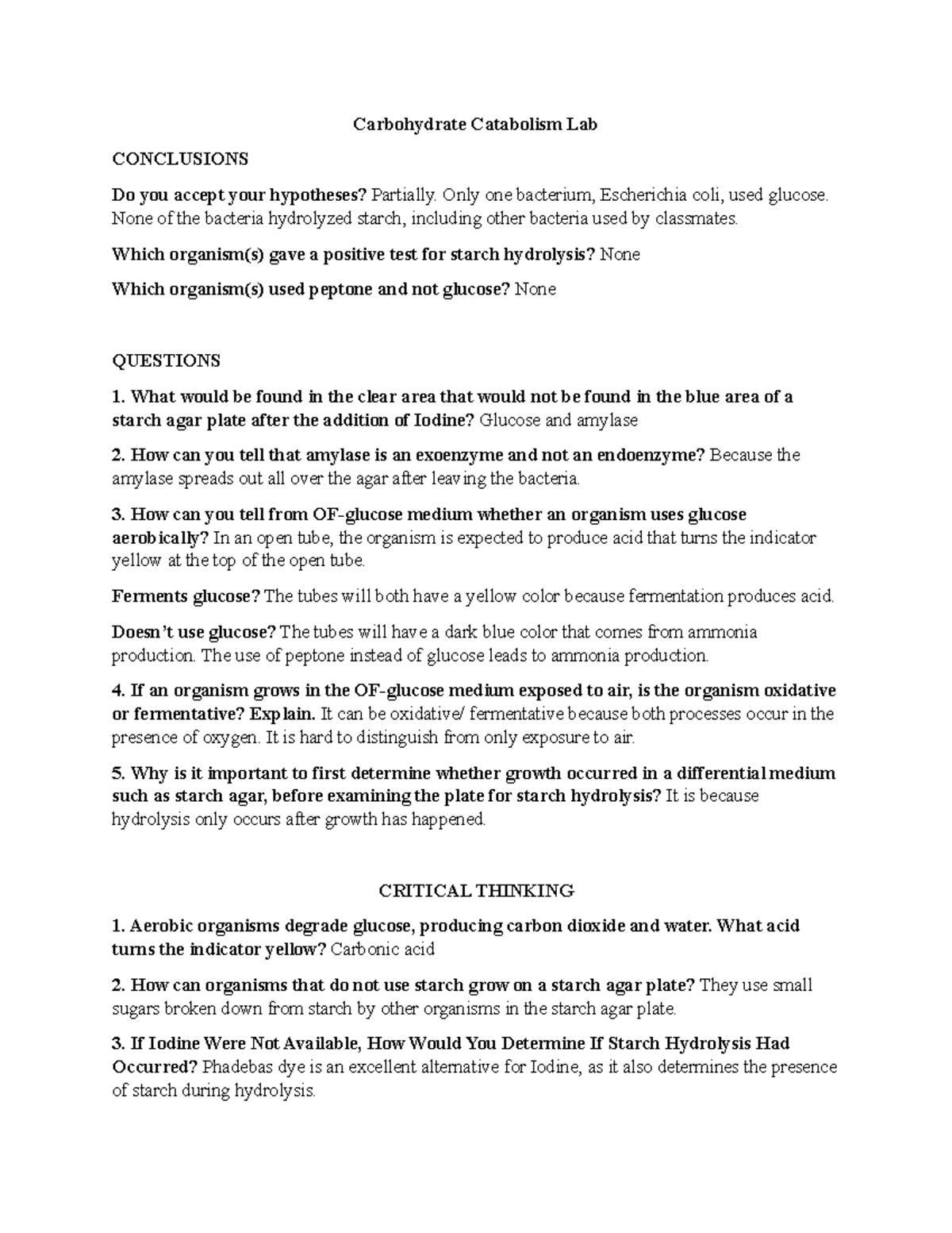 Carbohydrate Catabolism Lab - Carbohydrate Catabolism Lab CONCLUSIONS ...