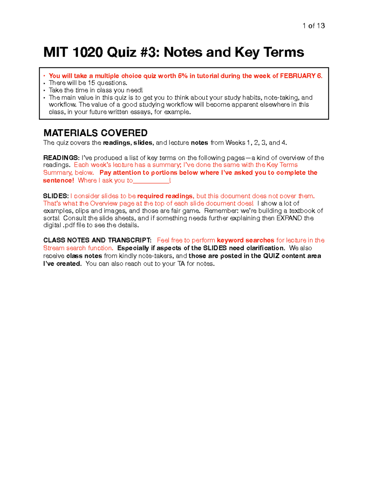 Quiz 3 study guide 2024 winter-1 - MIT 1020 Quiz #3: Notes and Key ...