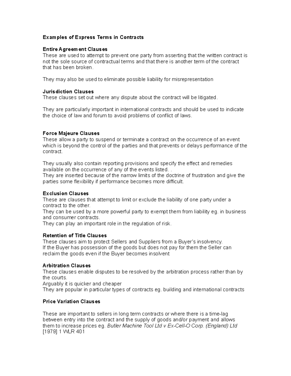 Terms handout - notes - Examples of Express Terms in Contracts Entire ...