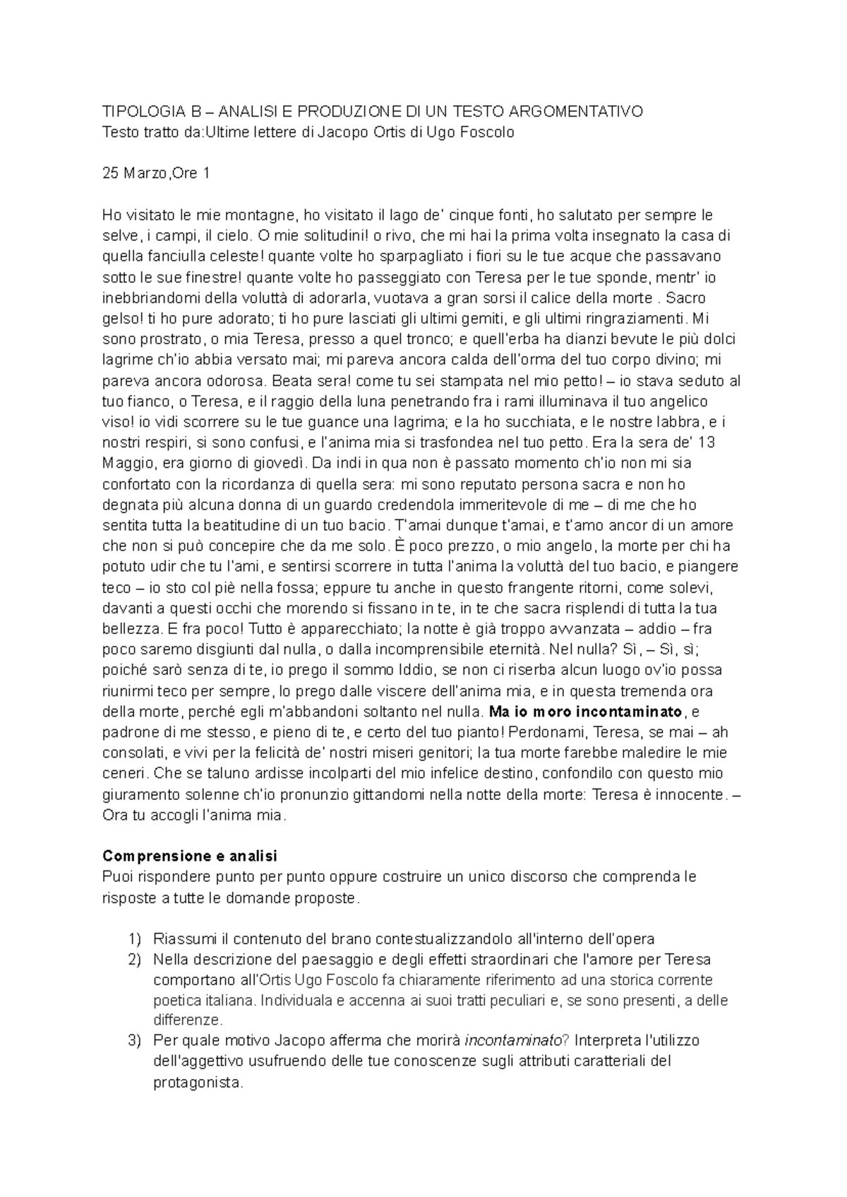 Traccia E TEMA Svolto Ortis - TIPOLOGIA B – ANALISI E PRODUZIONE DI UN ...