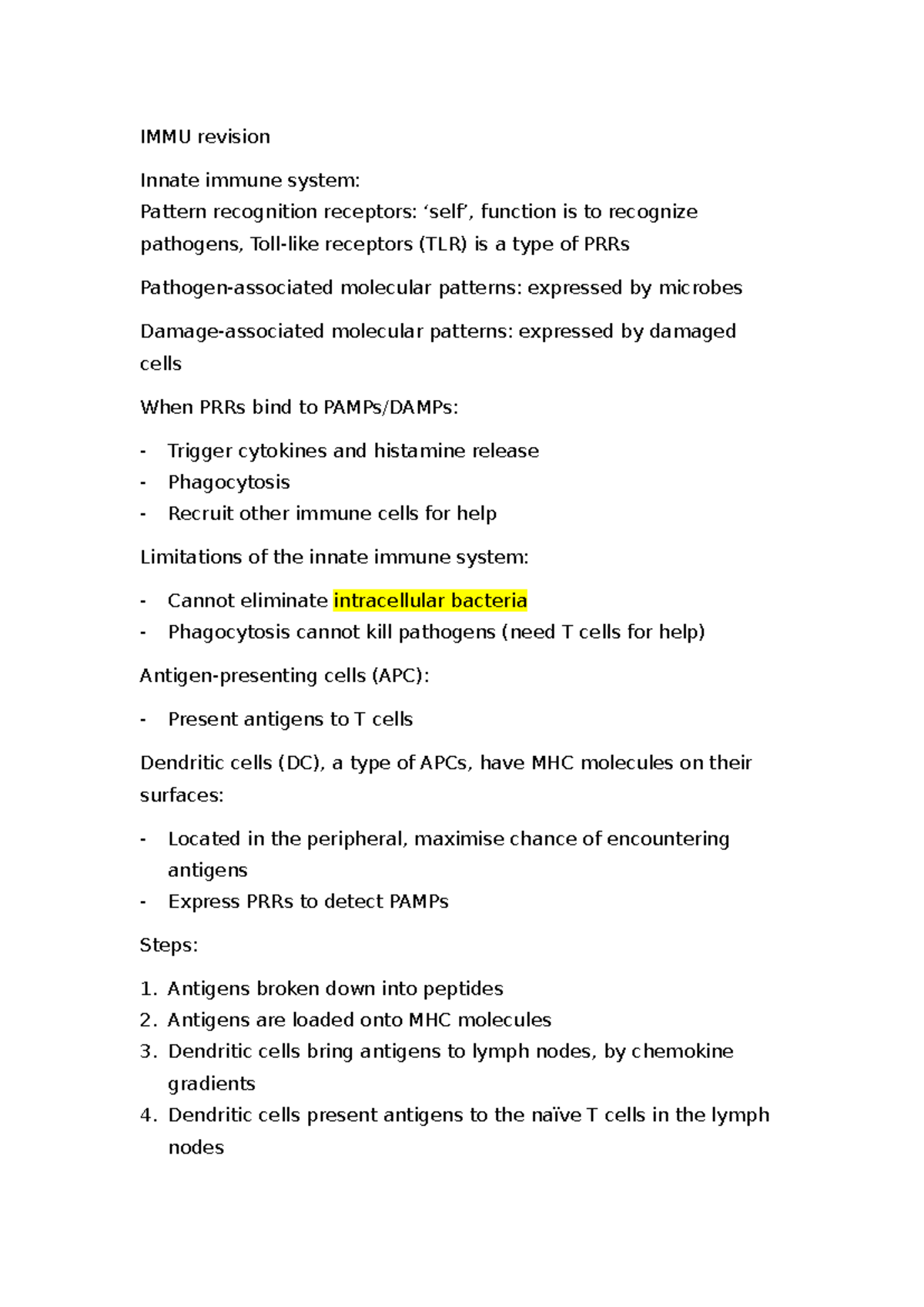 IMMU revision - IMMU revision Innate immune system: Pattern recognition ...