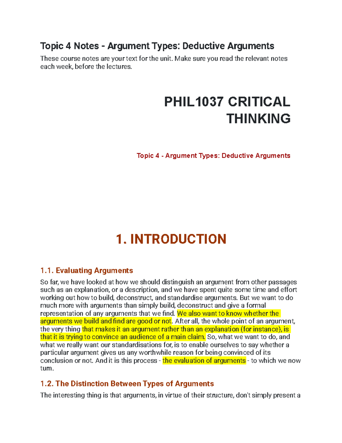 Topic 4 Notes Argument Types Deductive Arguments Topic 4 Notes Argument Types Deductive