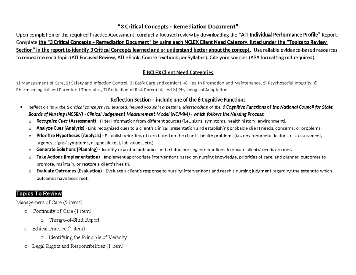 Proctor assessment B Remediation - “3 Critical Concepts - Remediation ...