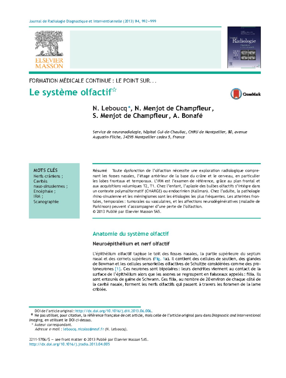 Le système olfactif anatomie - Journal de Radiologie Diagnostique et ...
