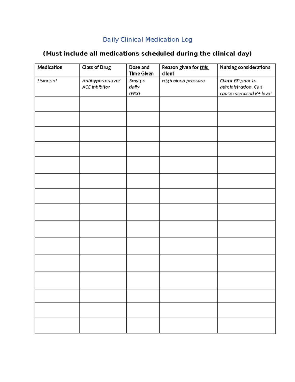 Complex Daily Medication Log - Daily Clinical Medication Log (Must ...