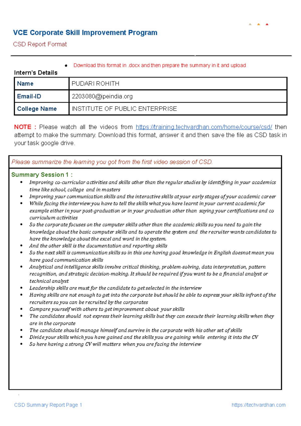 CSD TASK - mandatory assignments for vce pproject - VCE Corporate Skill ...