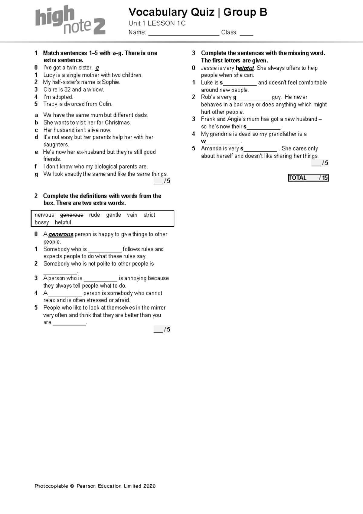 High Note 2 Vocabulary Quiz Unit01C Group B - Vocabulary Quiz | Group B ...