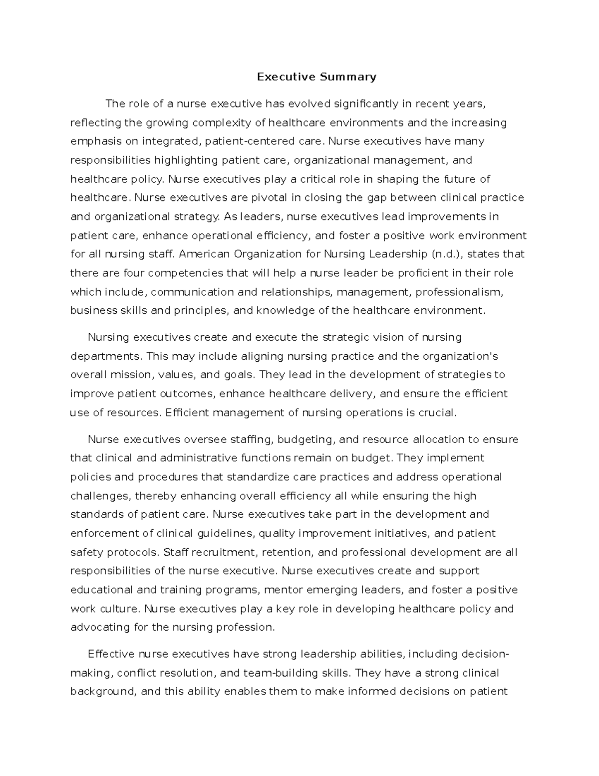 Executive Summary D030 - Executive Summary The role of a nurse ...