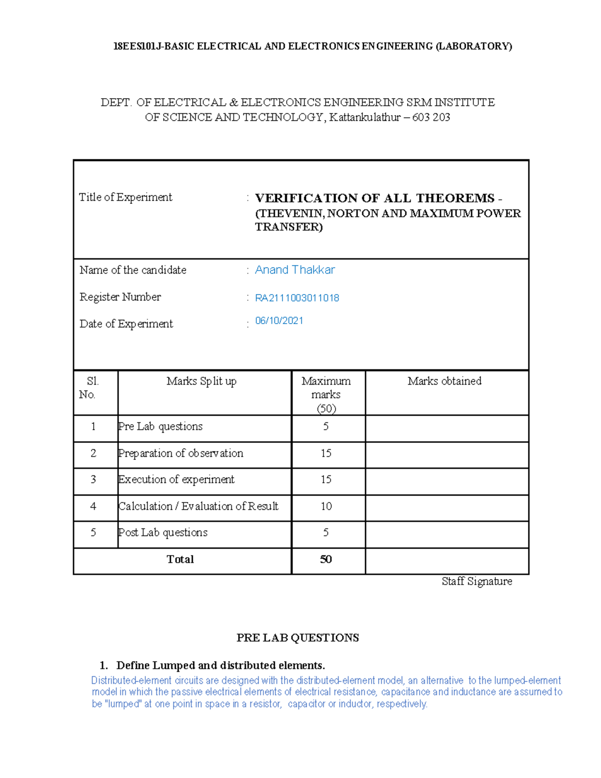 BEEE 2 assignment experiment - DEPT. OF ELECTRICAL & ELECTRONICS ...