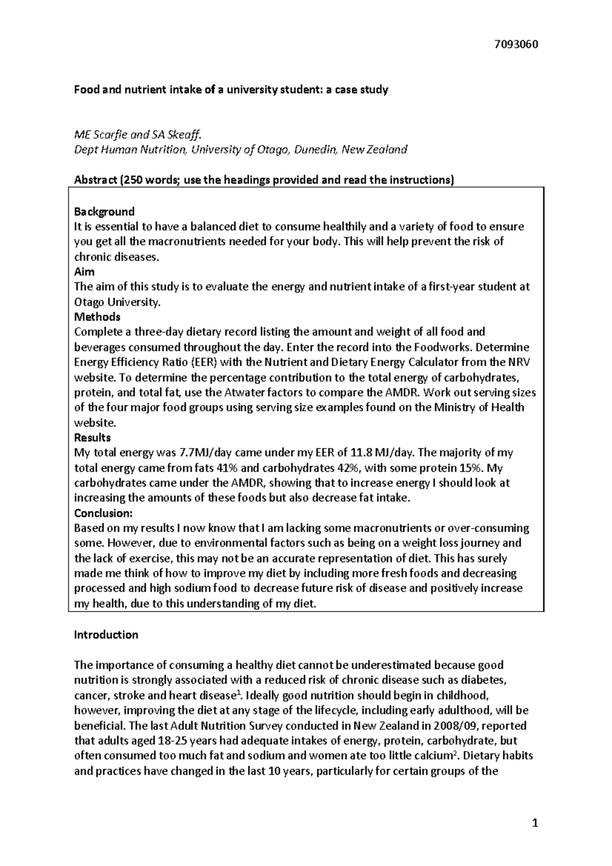 HUNT 141 Written Assignment - Food and nutrient intake of a university student: a case study ME ...