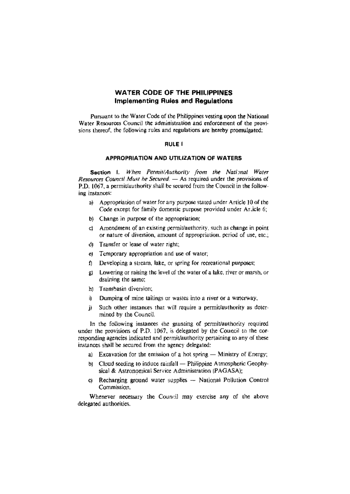 Water Code of the Philippines - When Permit/Authority from the National ...