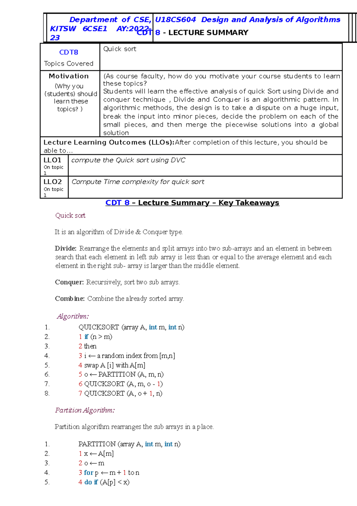 DAA-CDT8 - Xnjzjzz - CDT 8 - LECTURE SUMMARY CDT Topics Covered Quick sort Motivation (Why you ...