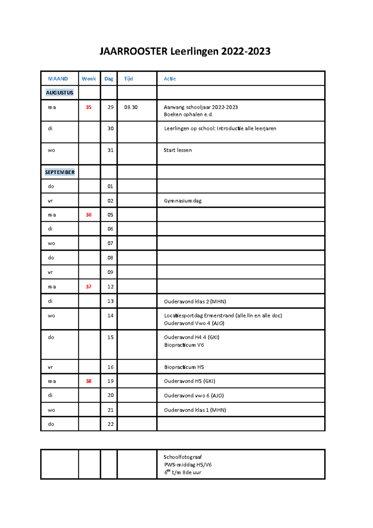 Jaarrooster 2022-2023 voor leerlingen - JAARROOSTER Leerlingen 2022 ...