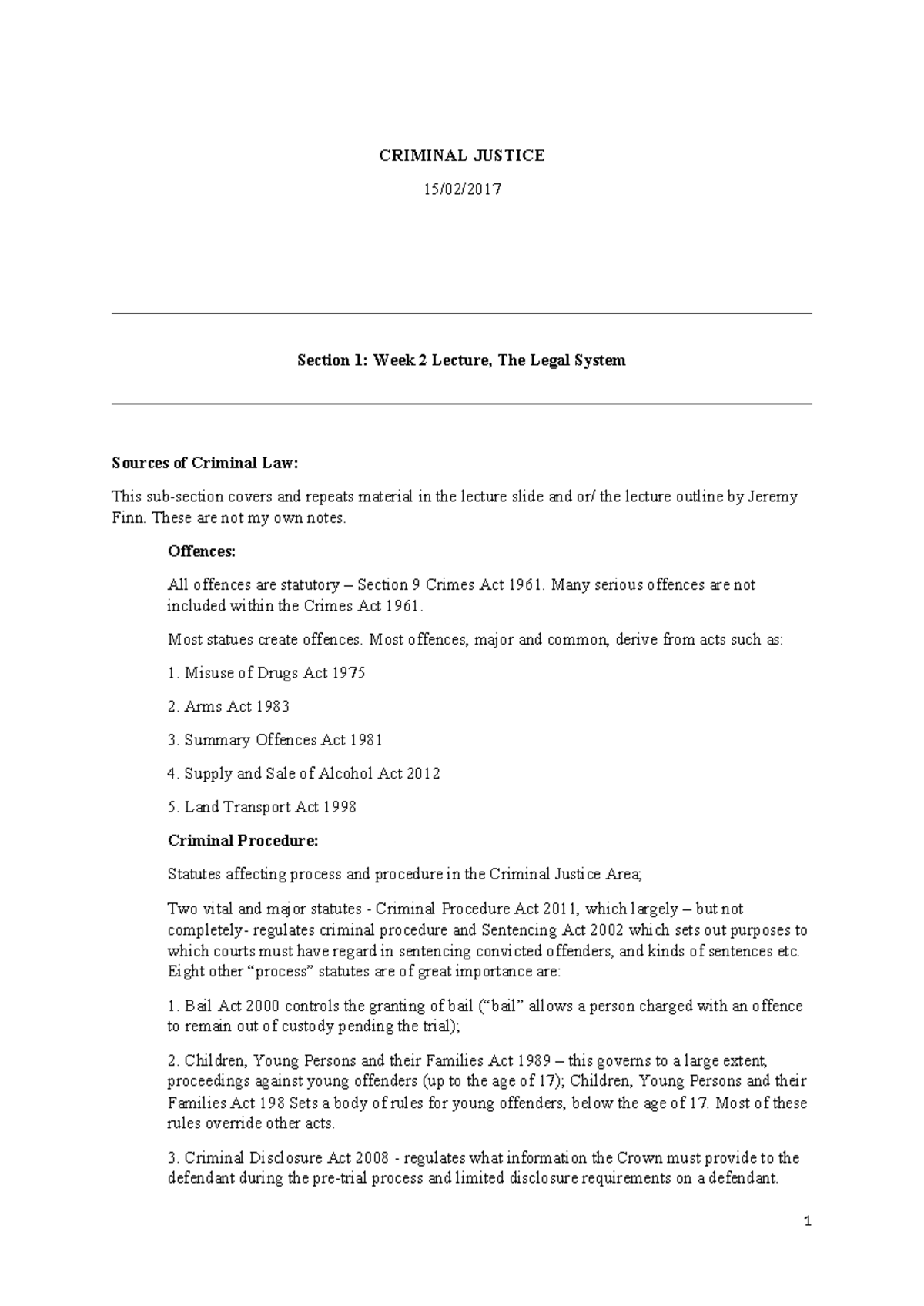 Criminal Justice Notes 3 - The Legal System - CRIMINAL JUSTICE 15/02 ...