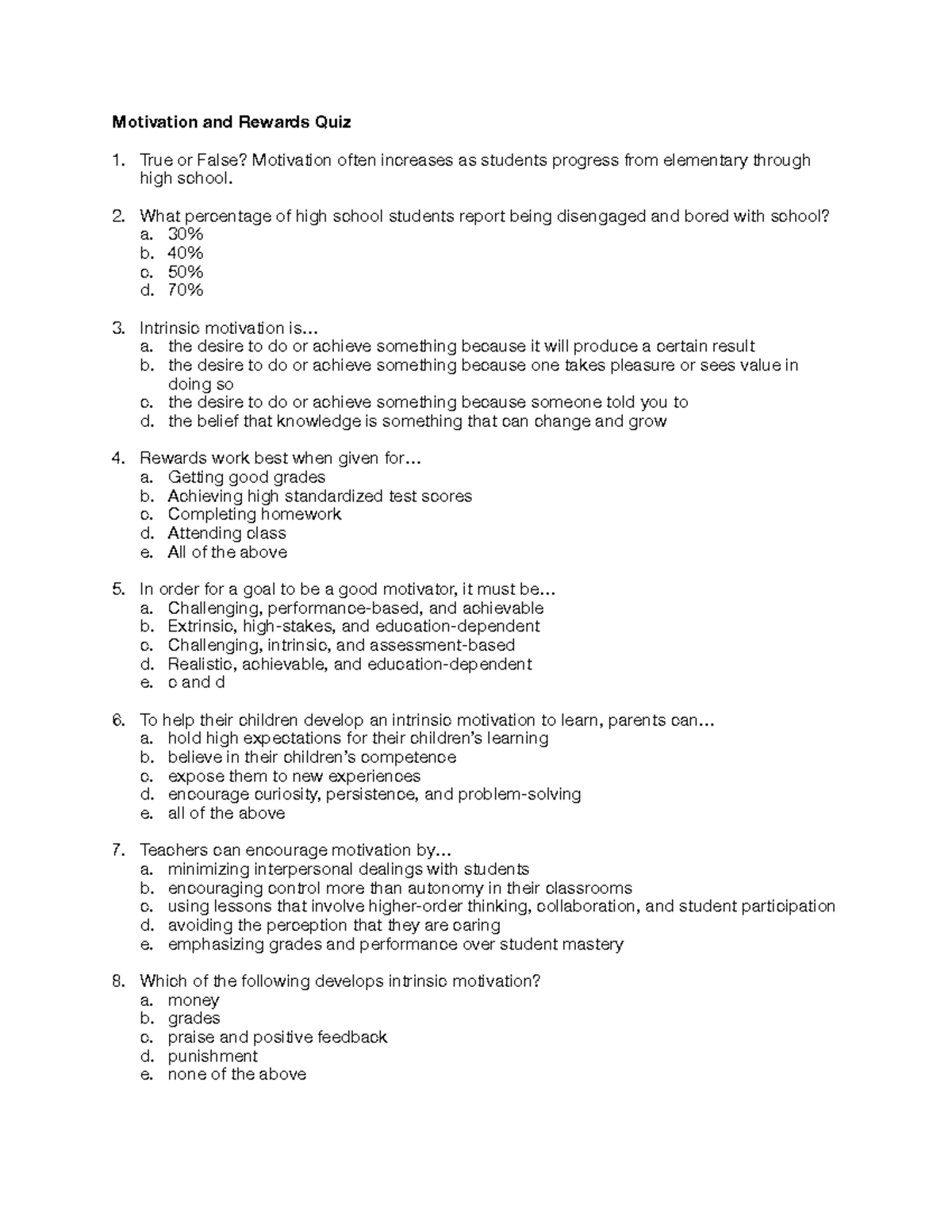 Motivation Quiz - hhhhhh - Motivation and Rewards Quiz True or False ...