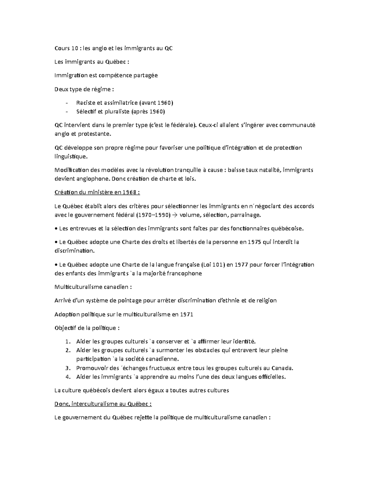 Cours 10 les anglo et les immigrants au QC - Cours 10 : les anglo et ...