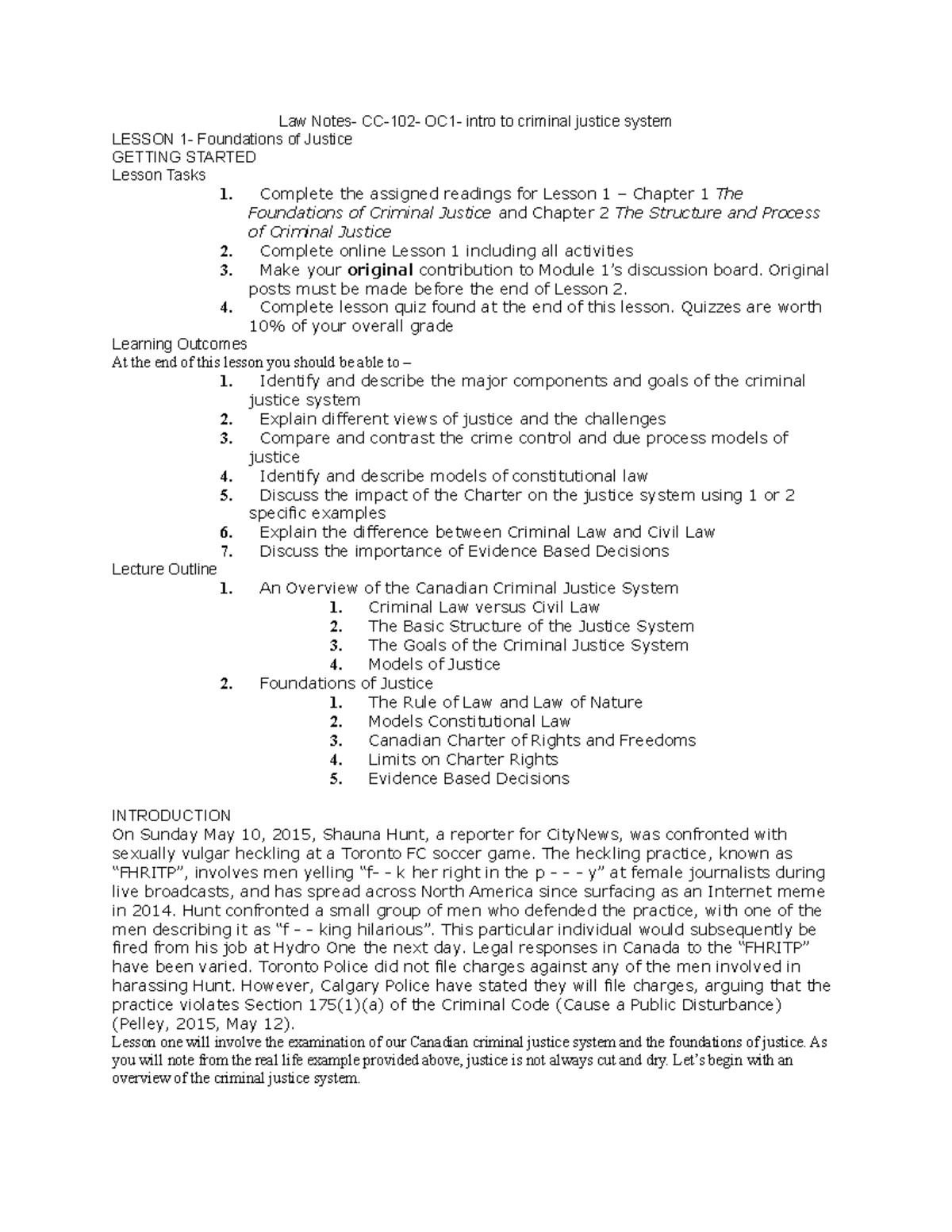 CC-102 Module 1 EXAM Review - Law Notes- CC-102- OC1- intro to criminal ...