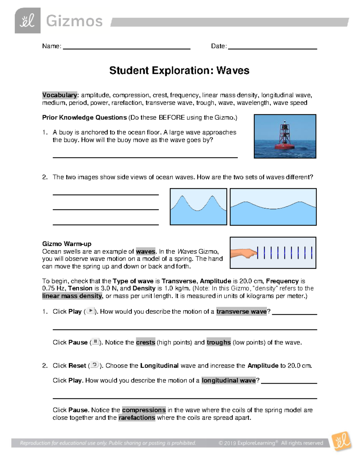 Waves SE - Name: Date: Student Exploration: Waves Vocabulary: amplitude ...
