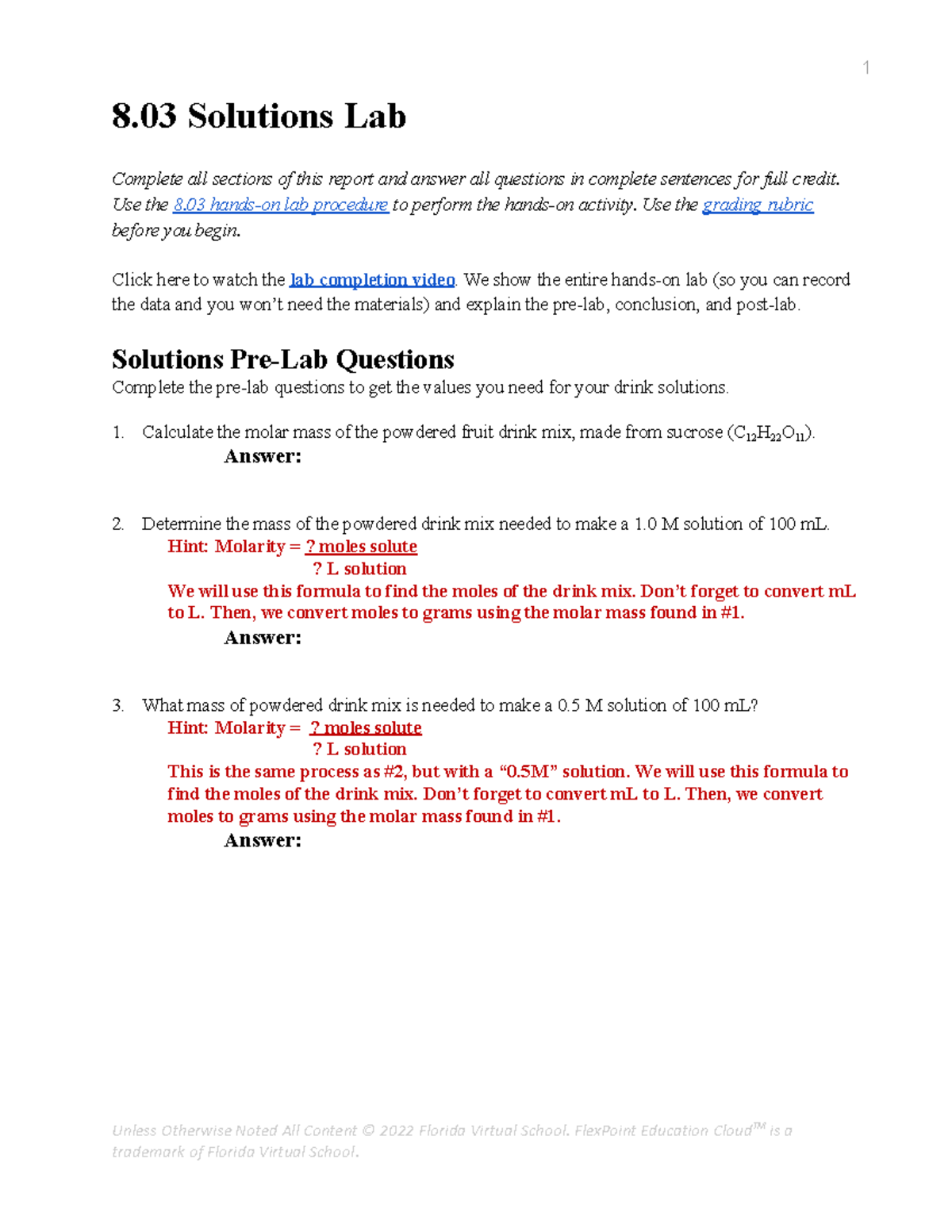 8.03 Solutions Lab Chemsitry FLVS course Chemistry - 1 8 Solutions Lab Complete all sections of ...