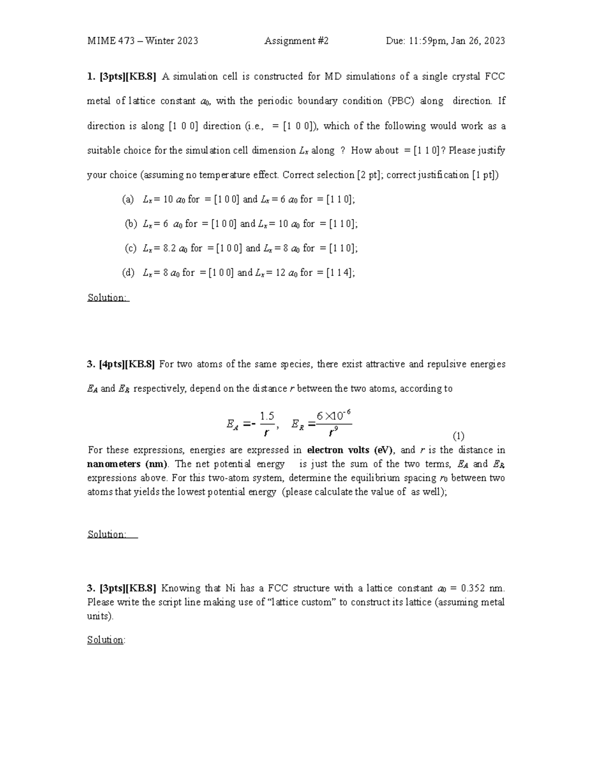 HW2 W2023 - Assignment 2 - MIME 473 – Winter 2023 Assignment #2 Due: 11 ...