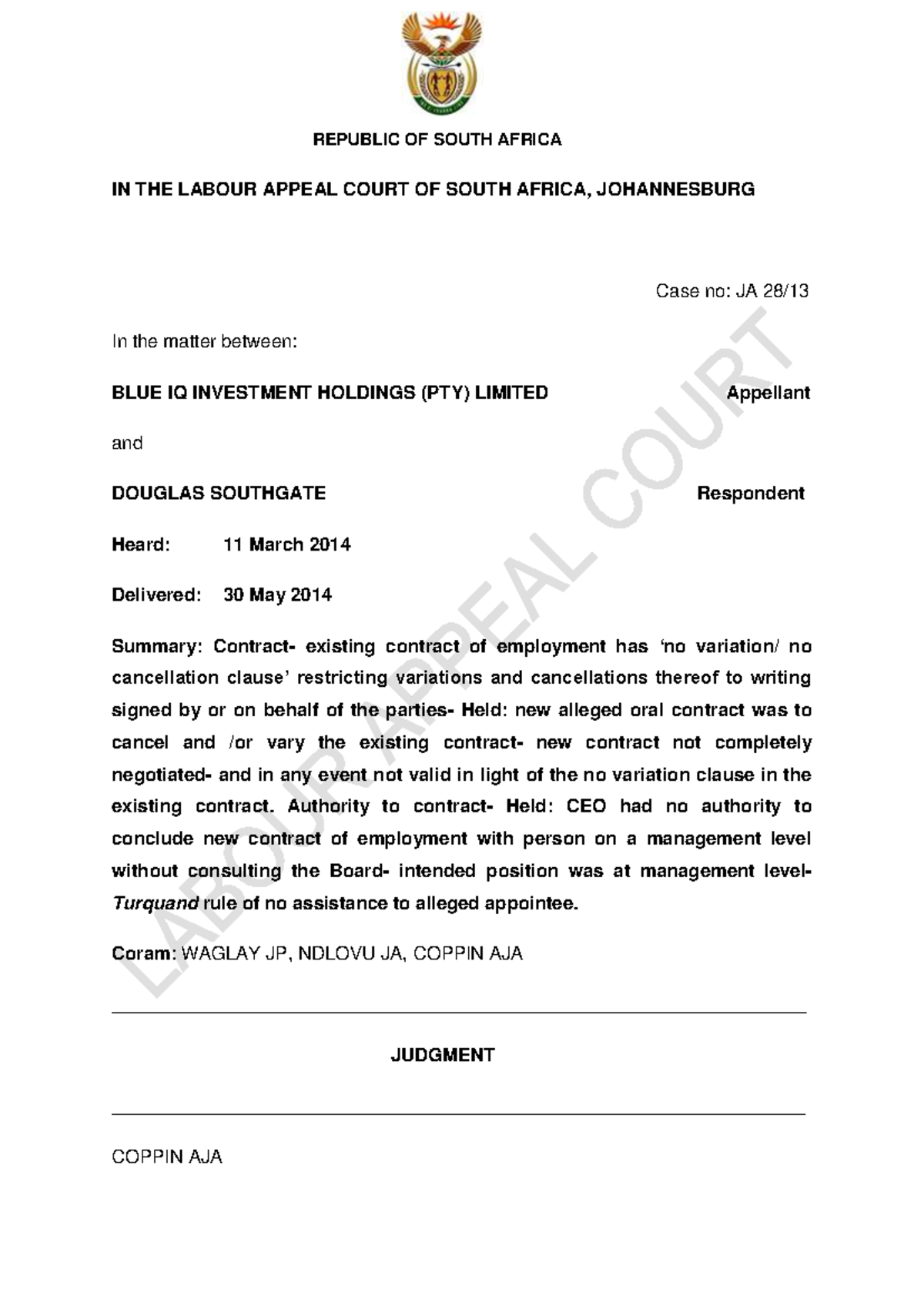 Blue IQ vs Southgate - case for law of delict - REPUBLIC OF SOUTH ...