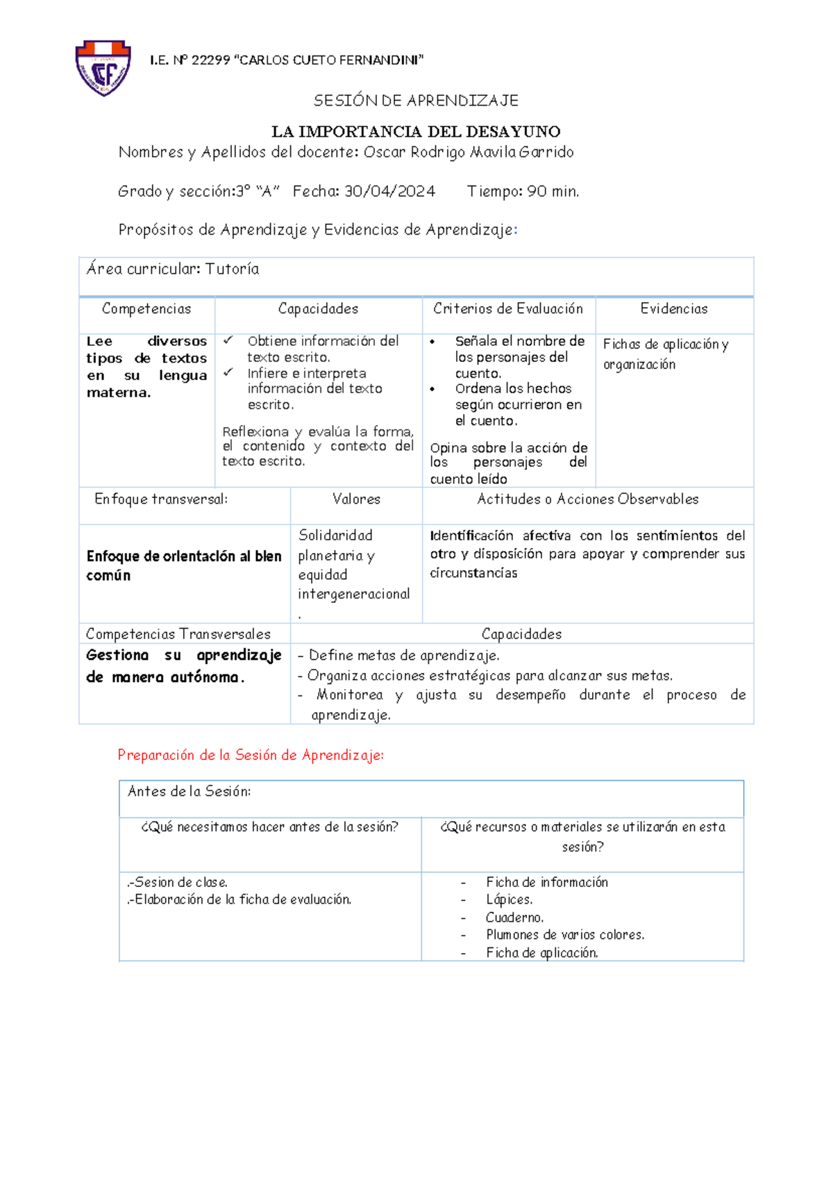 Sesion - Tutoria - manos feas - I. N° 22299 “CARLOS CUETO FERNANDINI ...