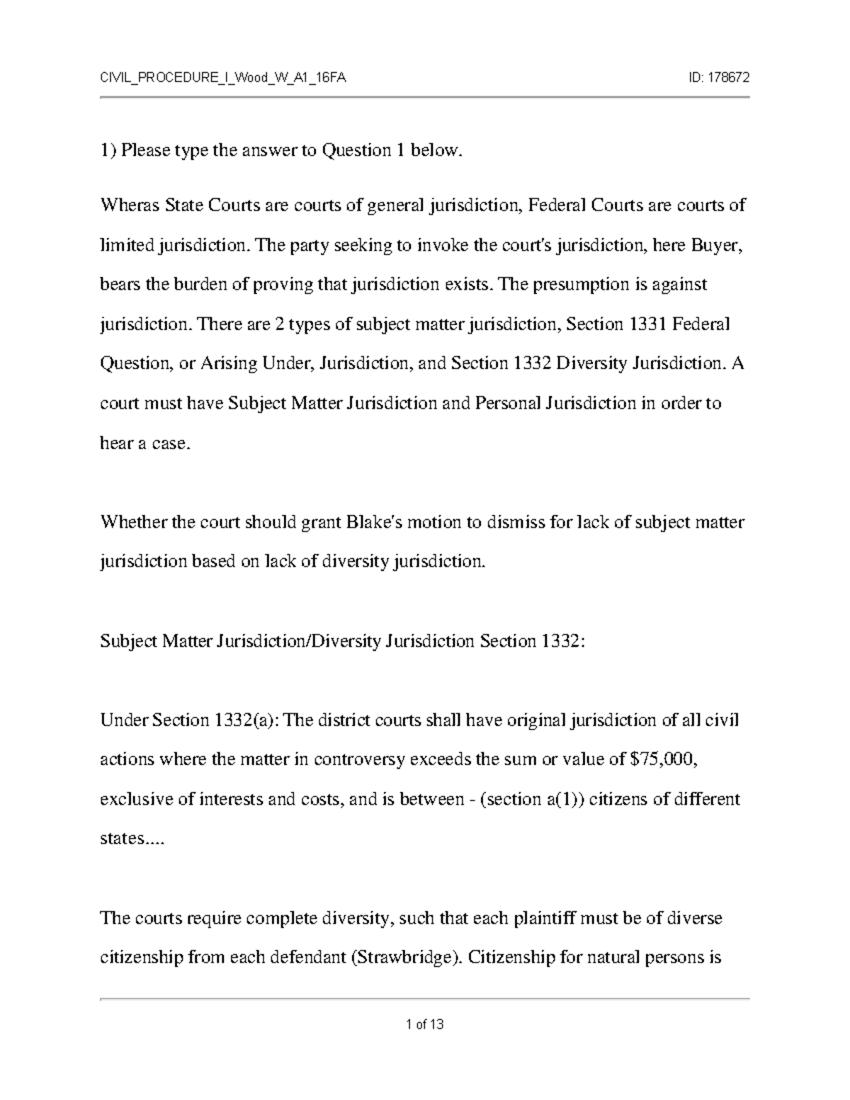 Civil Procedure Final Exam Essay 2016 F - Sample Answer 2 - Please type ...